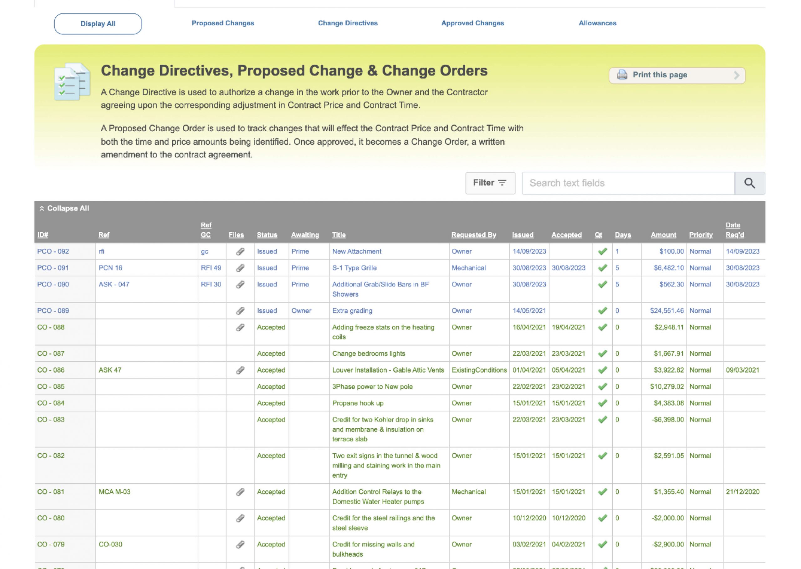 Changes and Cash Allowances - Contract Administration Software